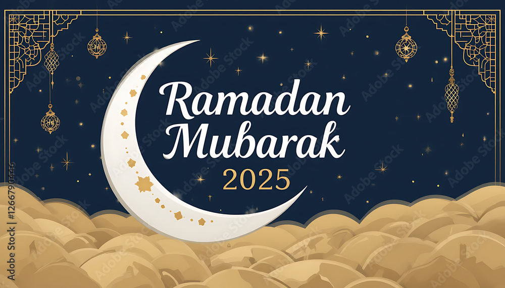 Ramadan Mubarak 2025 Greeting Card with Crescent Moon, Stars, and ...
