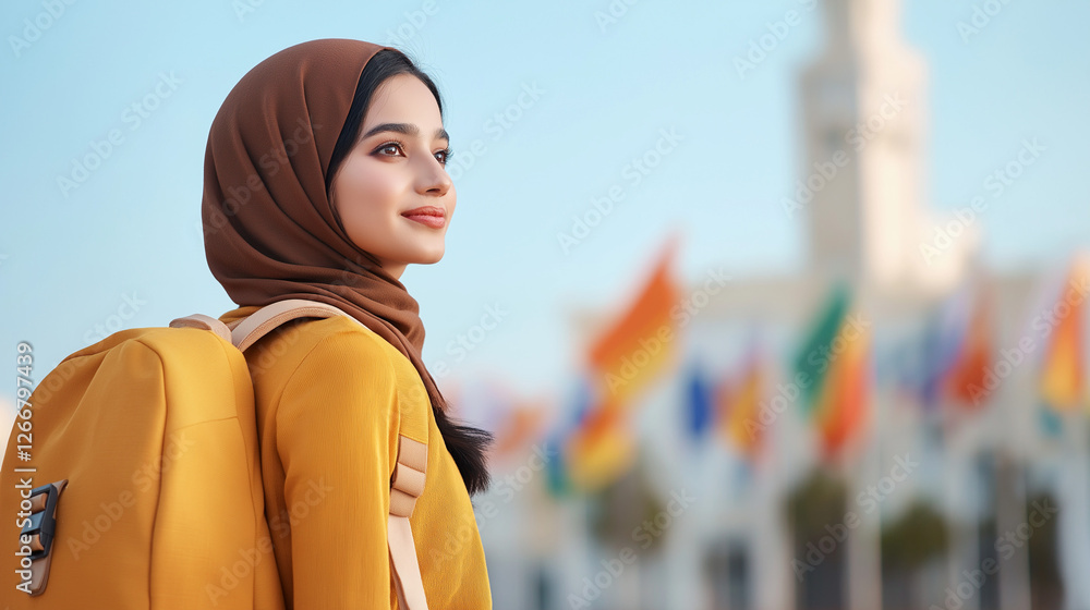 Young arab girl student smiling wearing backpack at university campus ...