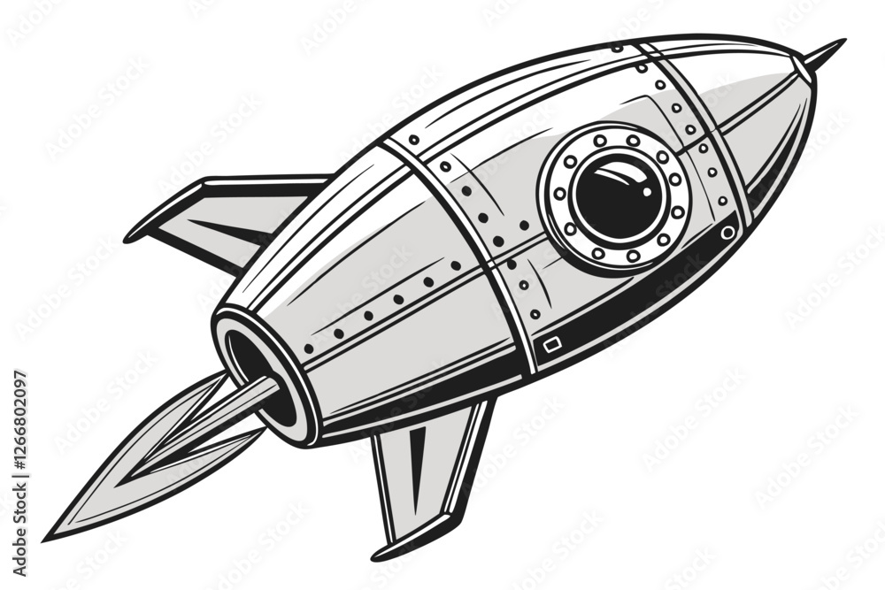 Metallic rocket-shaped spacecraft, sleek futuristic design, retro sci ...