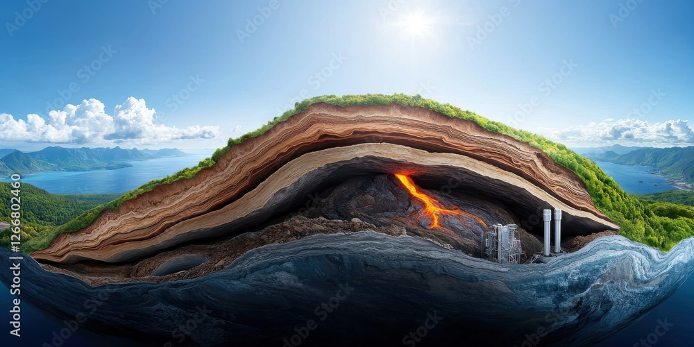 Geothermal Energy Utilization, A stunning landscape shows a cross ...