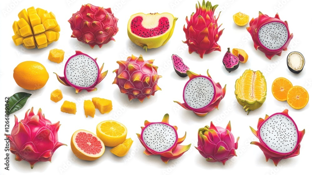 Tropical fruits collage; mangoes, dragon fruit, citrus; white ...