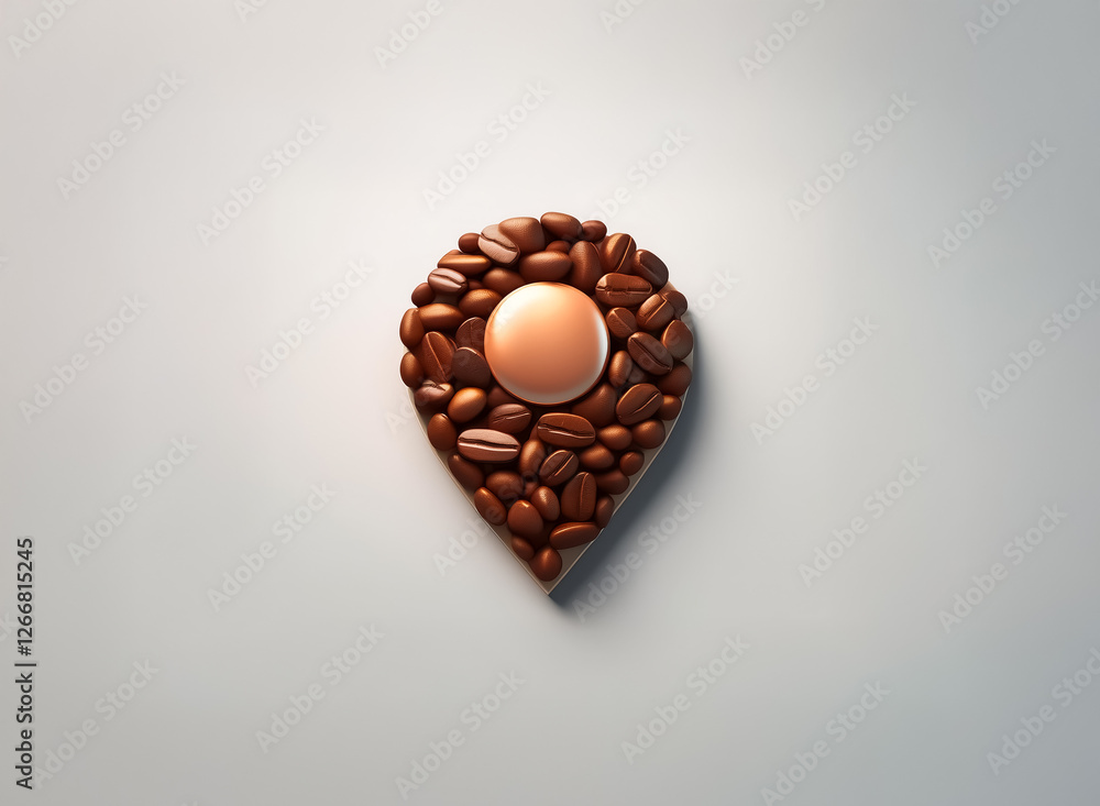 Coffee bean location pin with a light brown sphere center on a plain ...