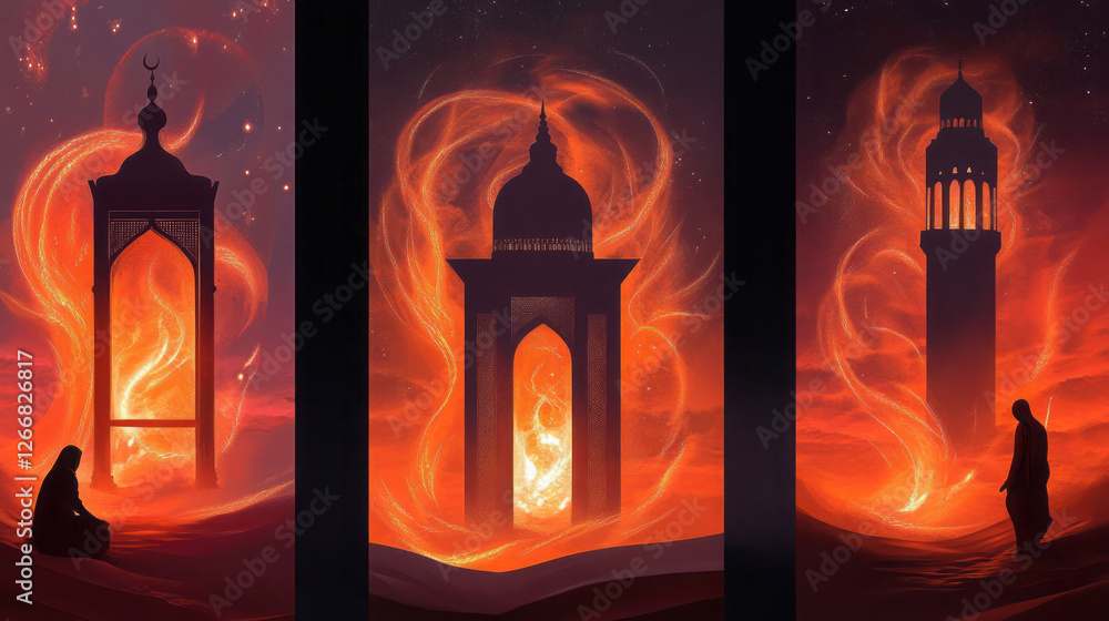 majestic mosque silhouette under fiery sky in desert landscape captures ...