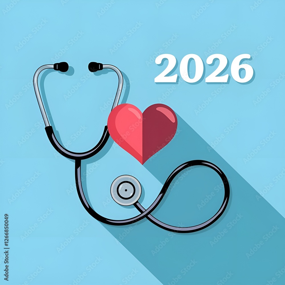 The medical-themed composition features a stethoscope, a red heart, and ...