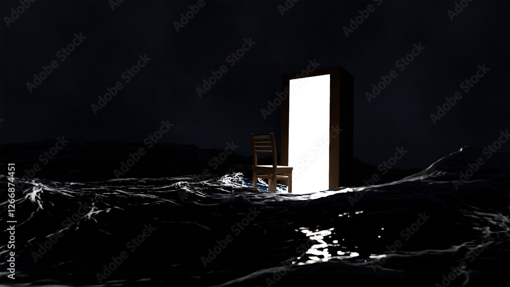 3D model of a door with light and a chair near the door coming from ...