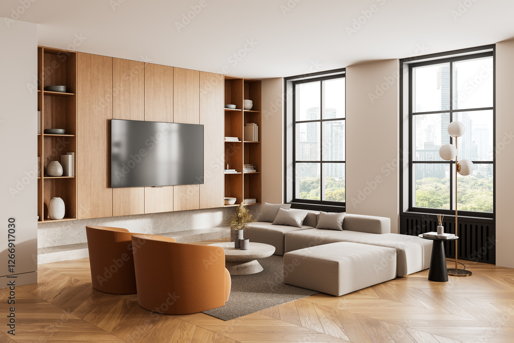 Modern living room with wooden panel wall, beige sectional sofa, and ...