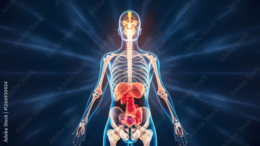 3D Render of a Futuristic X-Ray Scan of a Human Body Displaying Vibrant ...