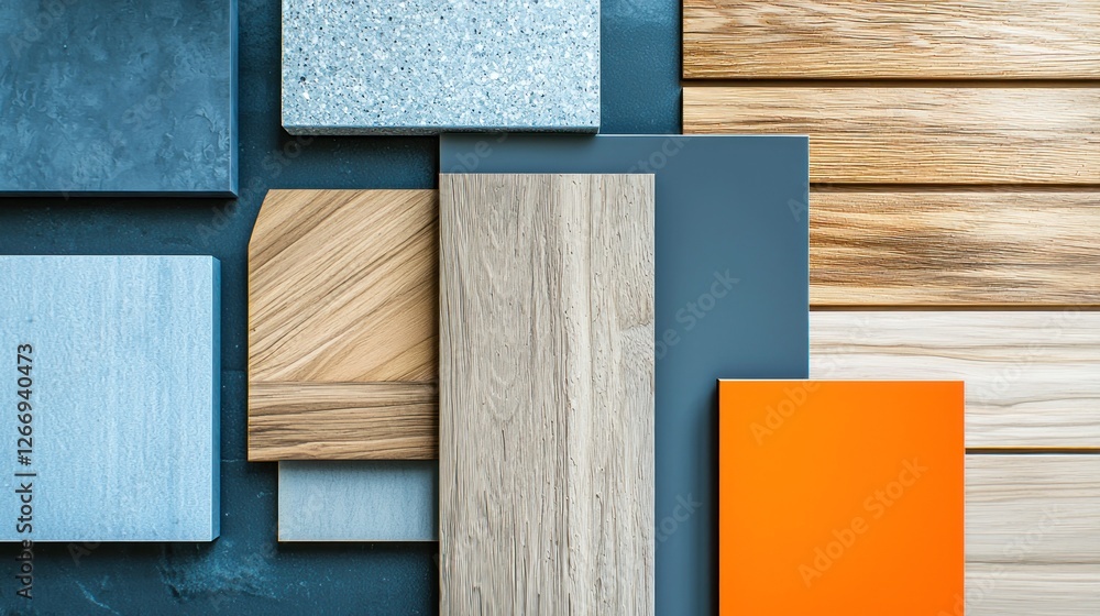 Interior design samples, assorted colors and textures, showing wood ...