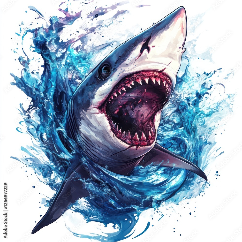 Shark emerging from water with its mouth open, splash around it. Use ...
