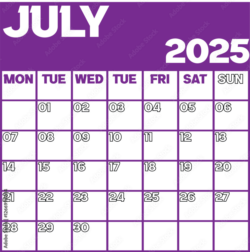 july 2025 Calendar. month start on tuesday. Calendar Template. Fits ...