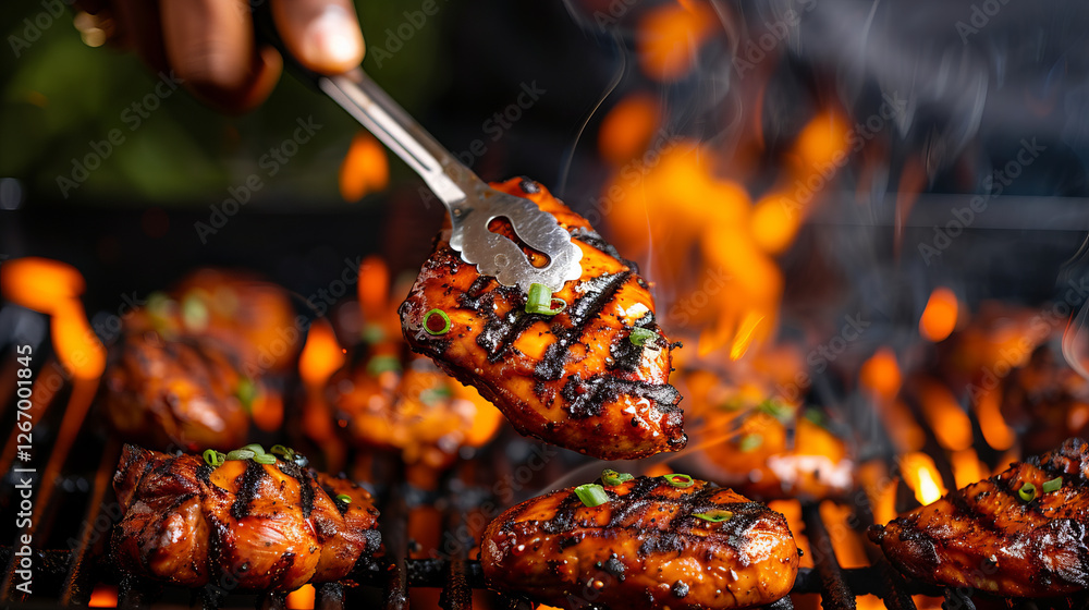 Grilling Perfection: A seasoned hand lifts a perfectly grilled chicken ...
