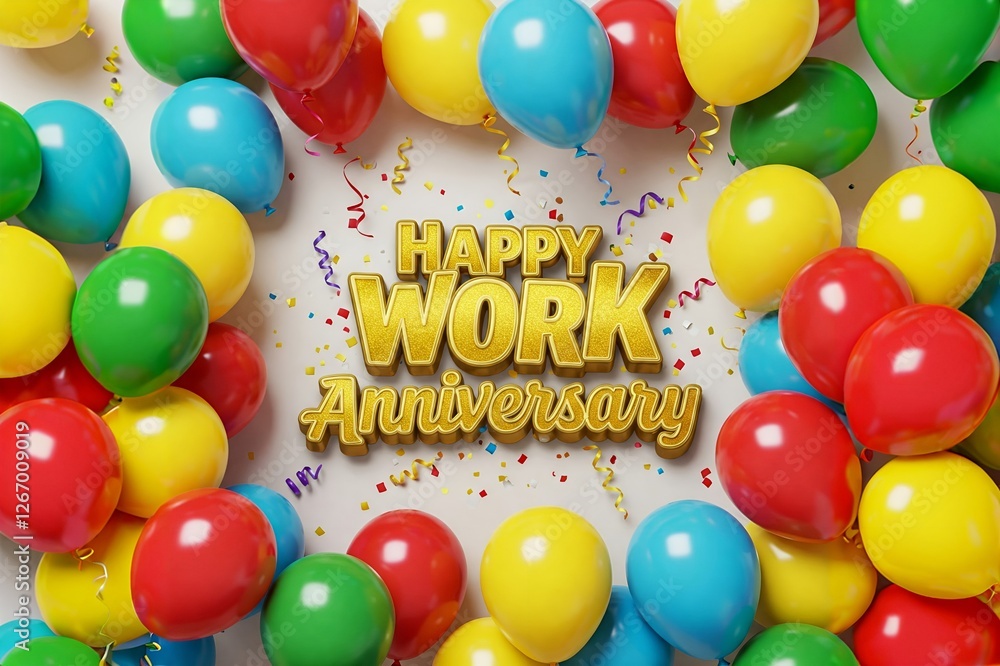 Colorful balloons frame a festive "Happy Work Anniversary" message ...