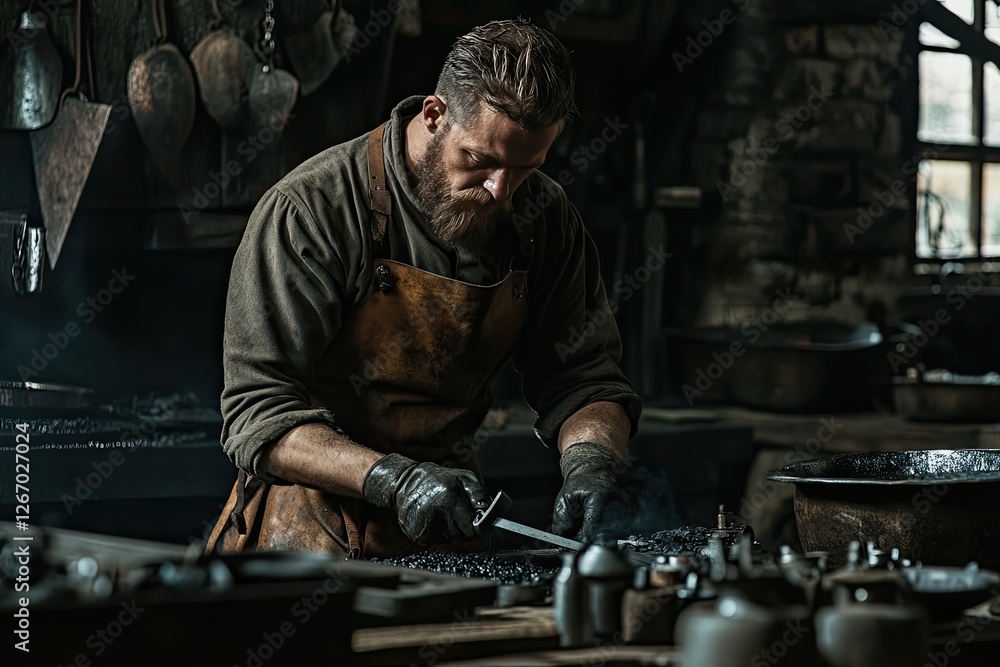 Medieval blacksmith wearing a leather apron, forging a sword in a ...