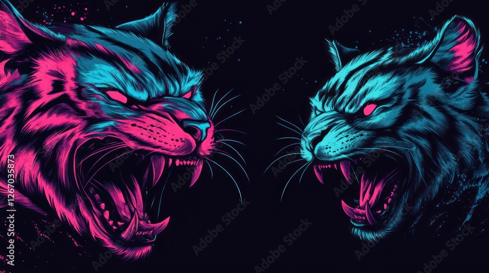 Two neon bobcats snarling intensely, a wallpaper for high-tech ...