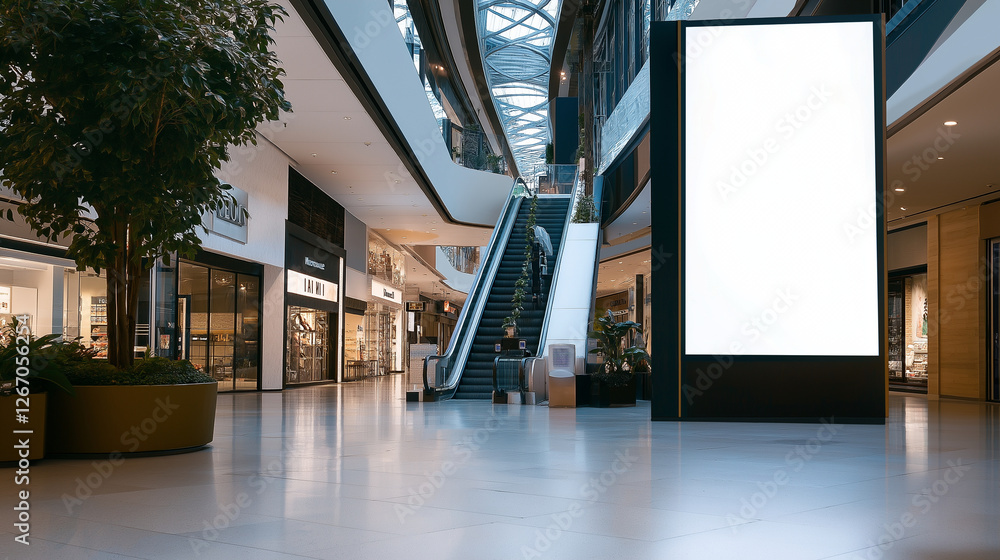 Foto de Stock A modern shopping mall atrium houses a massive blank ...