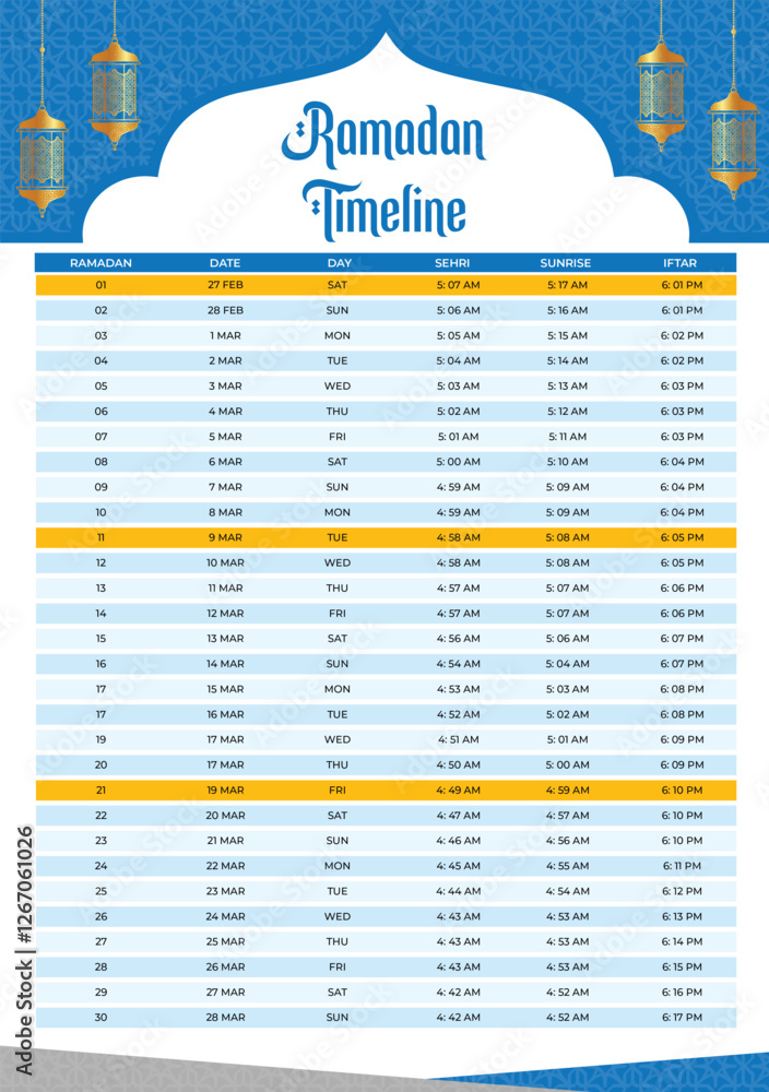 Ramadan calendar with sehri and iftar time schedule table Stock Vector ...