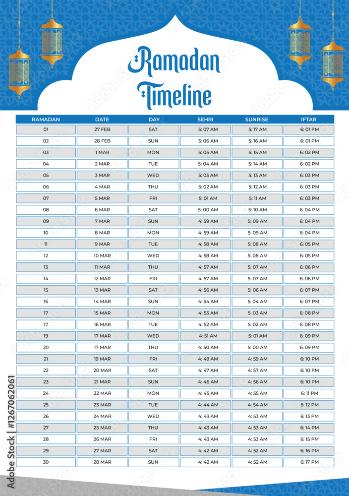 Ramadan calendar with sehri and iftar time schedule table Stock Vector ...