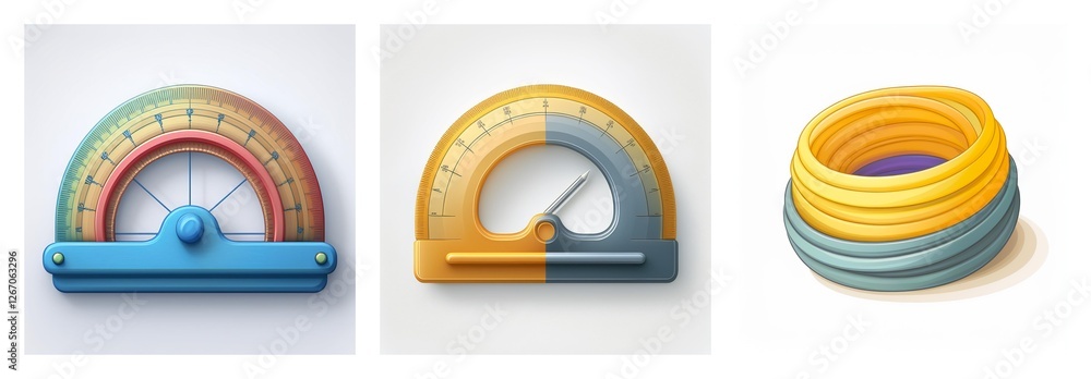 Three images display various measuring tools and a coiled rope. The ...