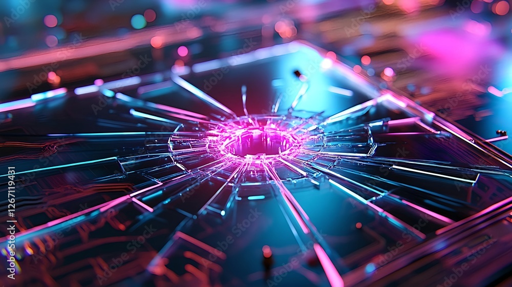 Neon Shattered Glass Tech Background - Cyberpunk aesthetics Stock ...
