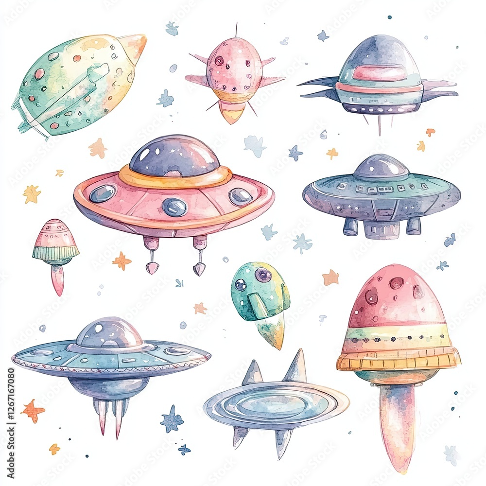 Watercolor UFOs Design Isolated on White Background for Print and Web ...