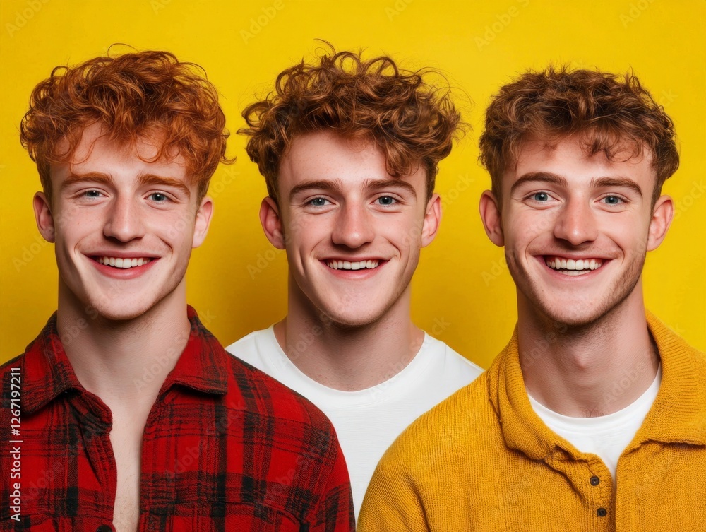 Three identical young men with curly red hair and smiling expressions ...