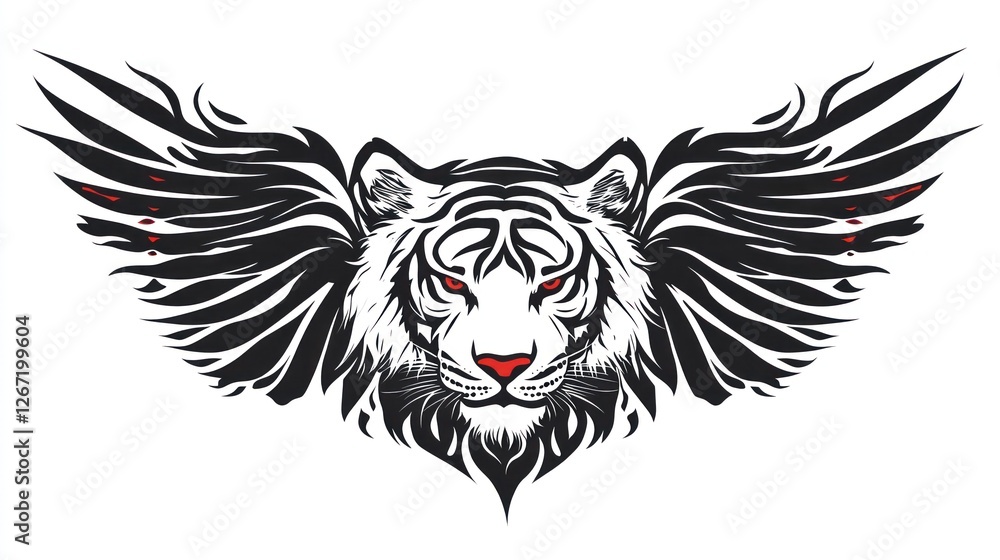 Fierce winged tiger looks forward, ready to pounce; great for logos ...