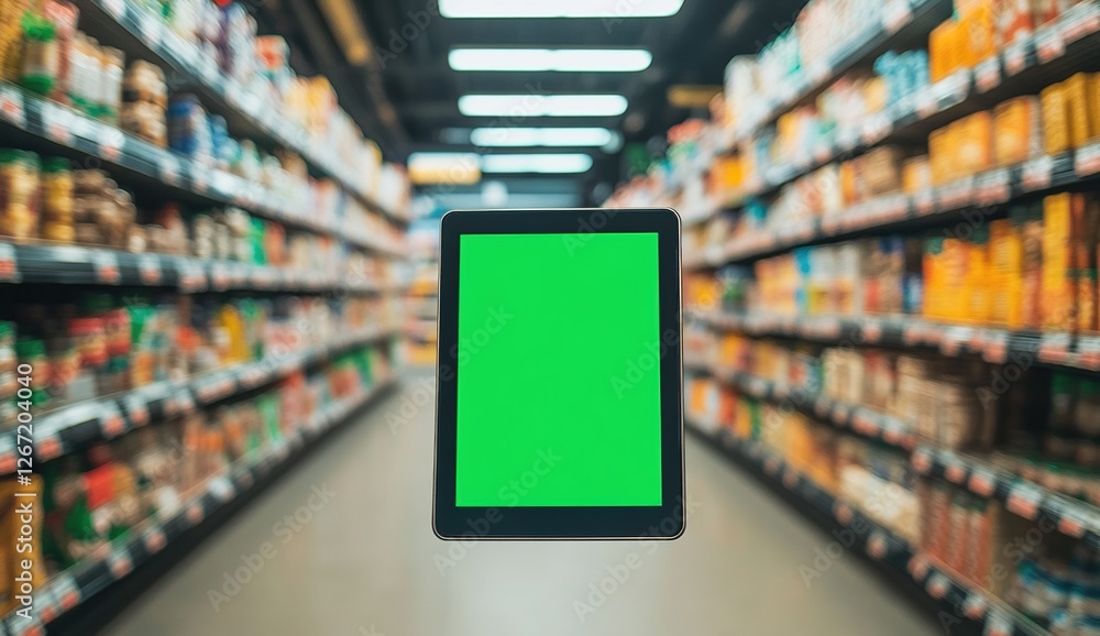 Tablet Displays Green Screen in Supermarket Aisle: Digital Shopping ...