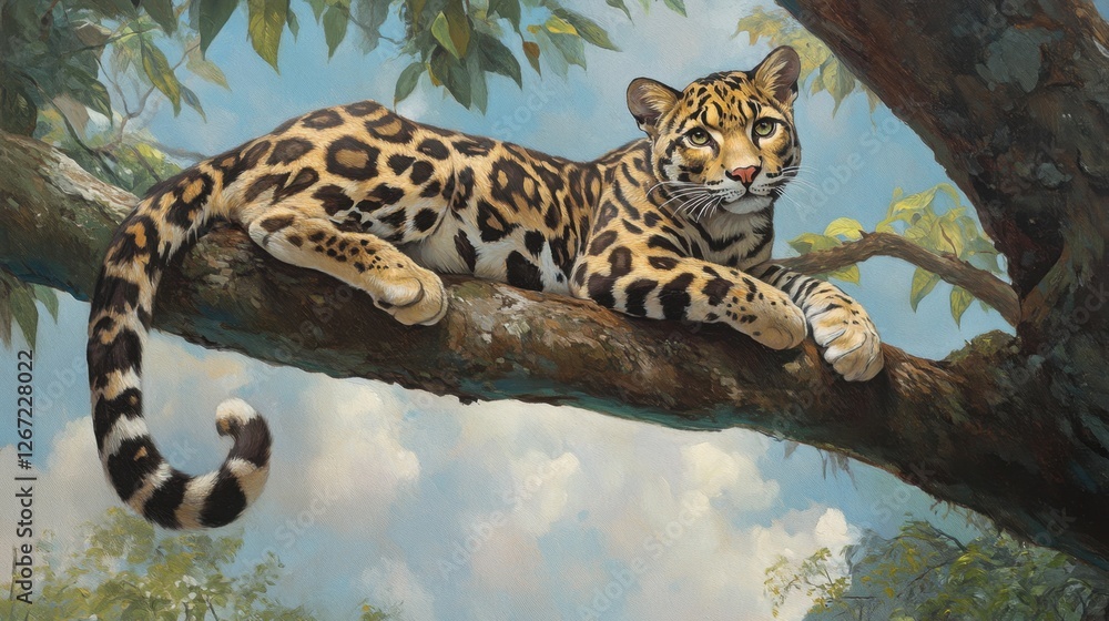 Clouded leopards spotted tail curling around a tree branch as it rests ...