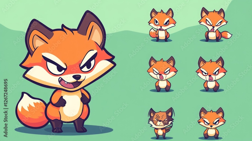 Cartoon fox spritesheet; various poses, game asset Stock Illustration ...