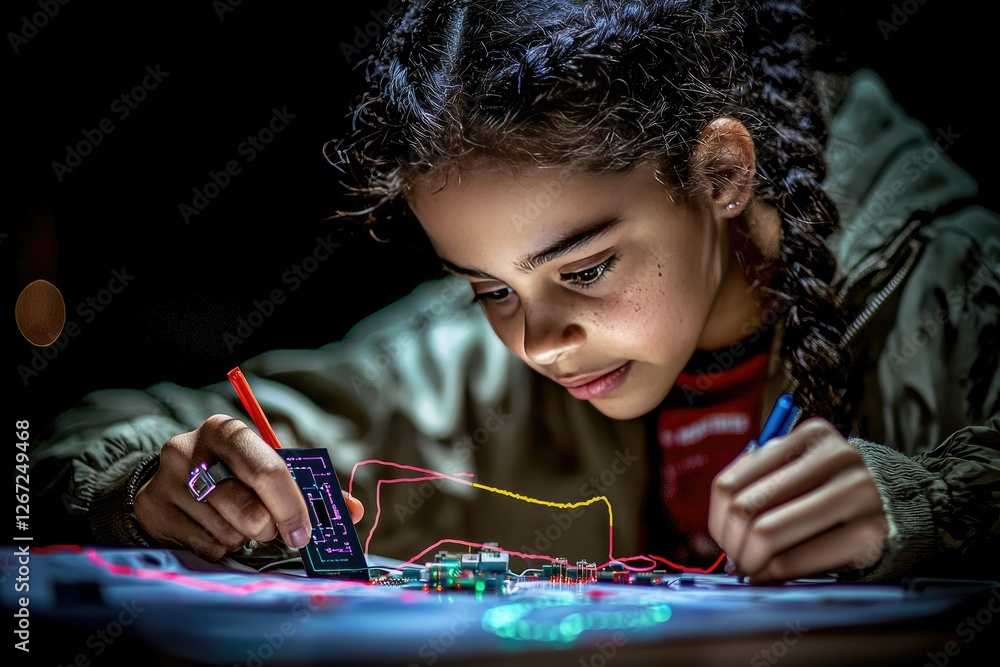 Young Girl Concentrated on Electronics Project, STEM Education, Future ...