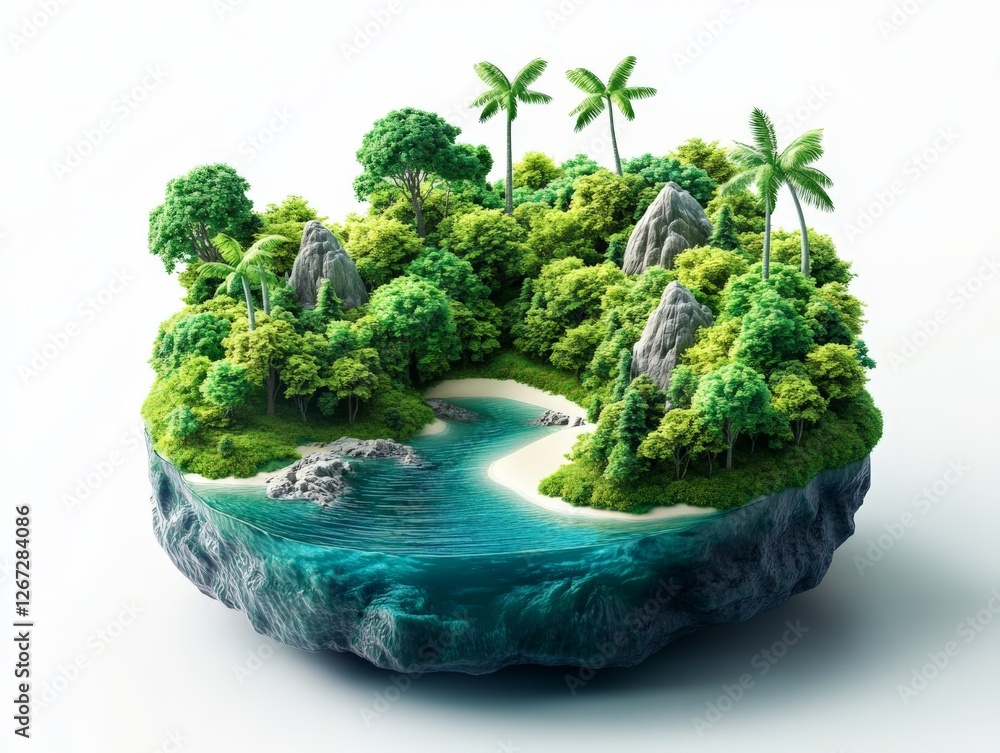 Miniature floating island with tropical jungle waterfalls and lush ...