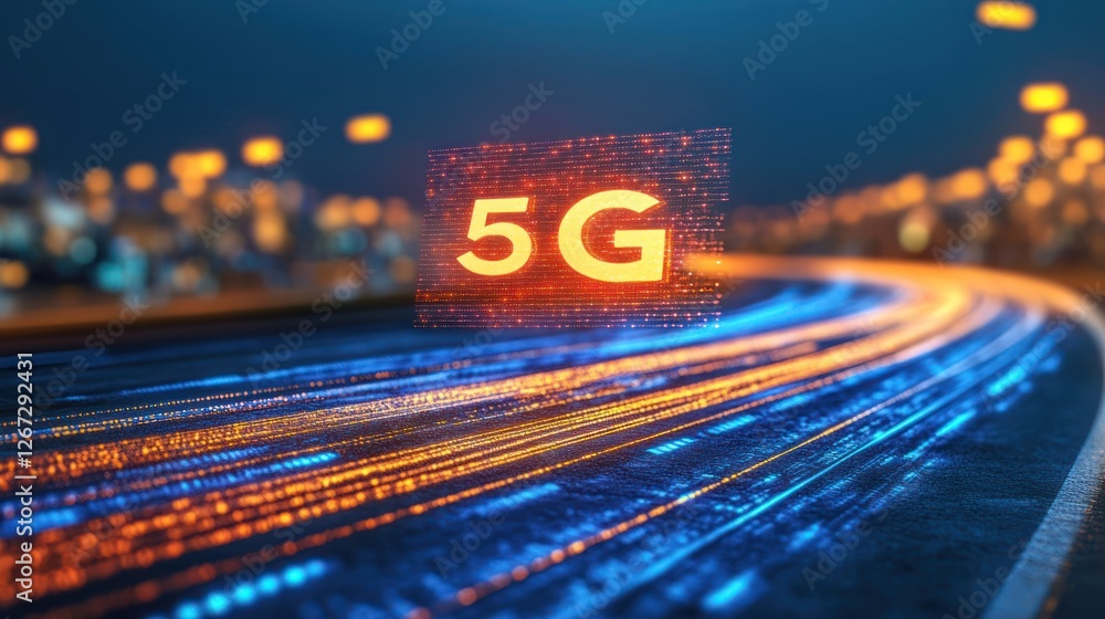5G network speed, city lights background, future technology, digital ...