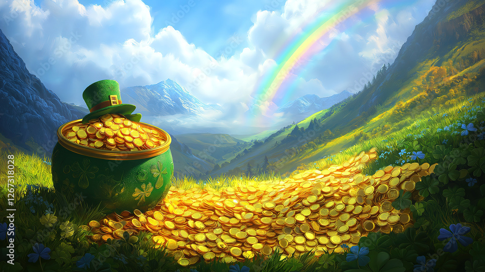 Leprechaun's bounty with pot of gold and rainbow for magical St ...