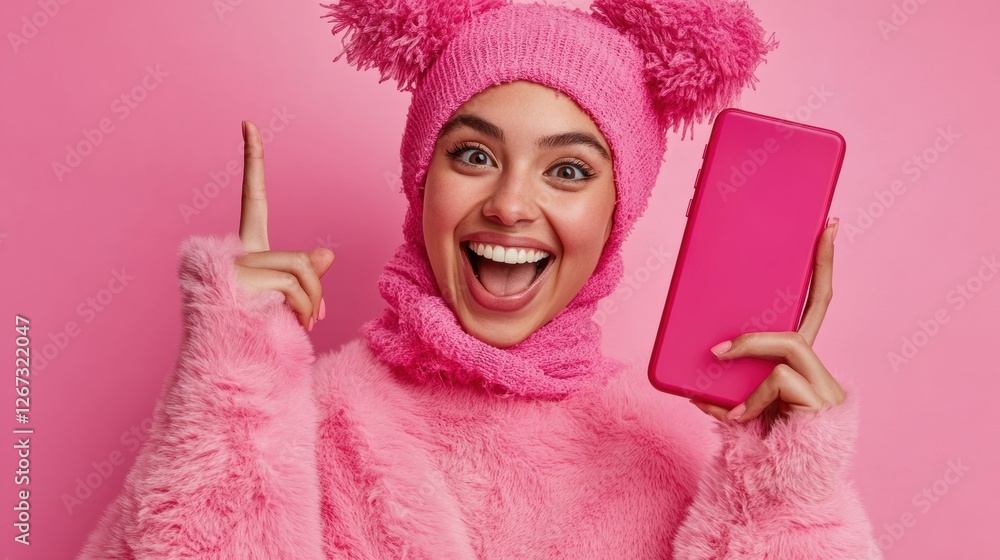 Exciting mobile selfie moment studio background portrait photography ...