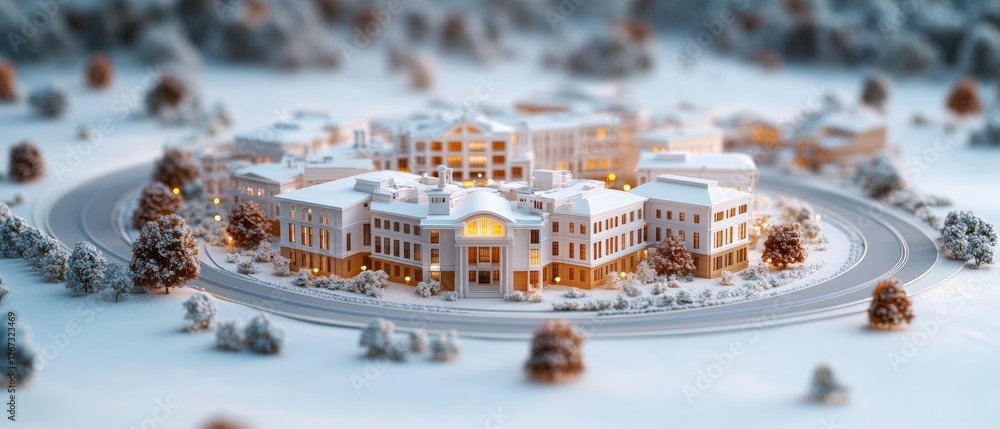 Model of a house in the snow with a miniature cityscape featuring white ...