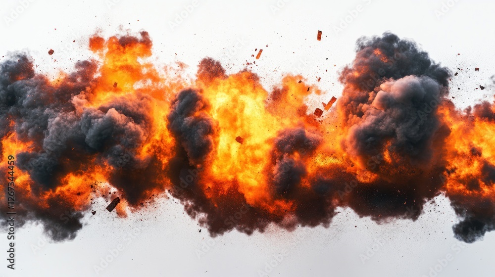 Fiery explosion with smoke against white background; ideal for action ...