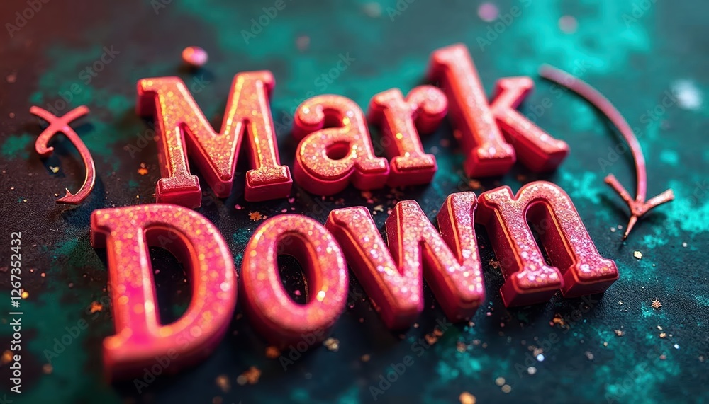 Vibrant 3D text spelling 'Mark Down' on a glittery surface with ...