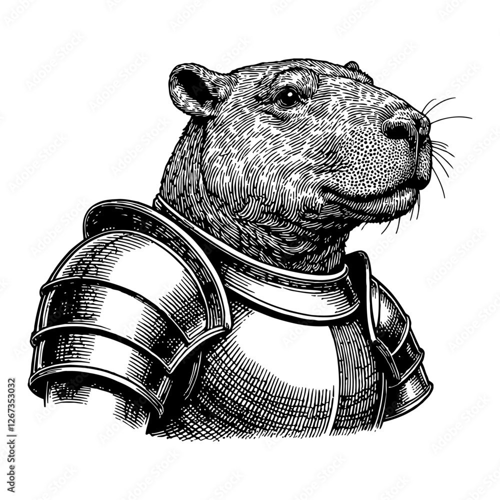 Capybara Animal Head in Medieval Knight Armor Black and White Outline ...
