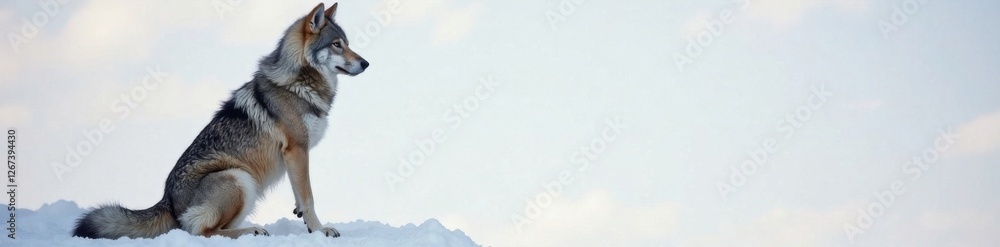 Grey wolf sitting on hind legs with front paws clasped together ...