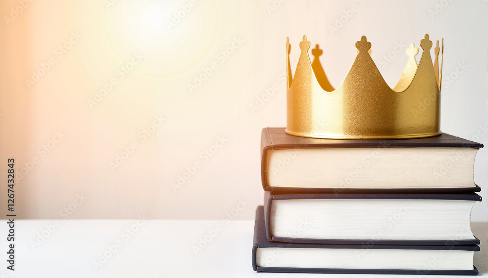 Crown atop stacked books representing knowledge and achievement for ...