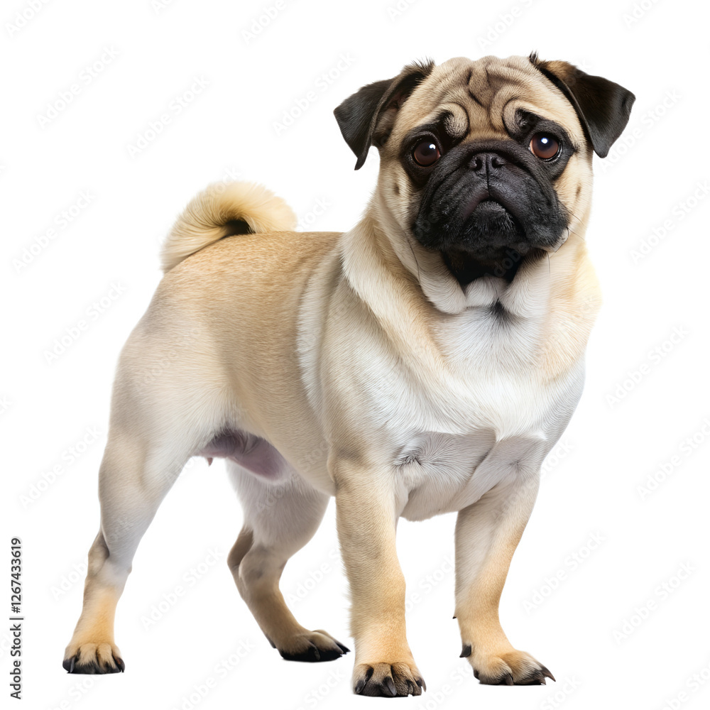 Portrait of a Pug dog with large brown eyes, a wrinkled face, and a ...