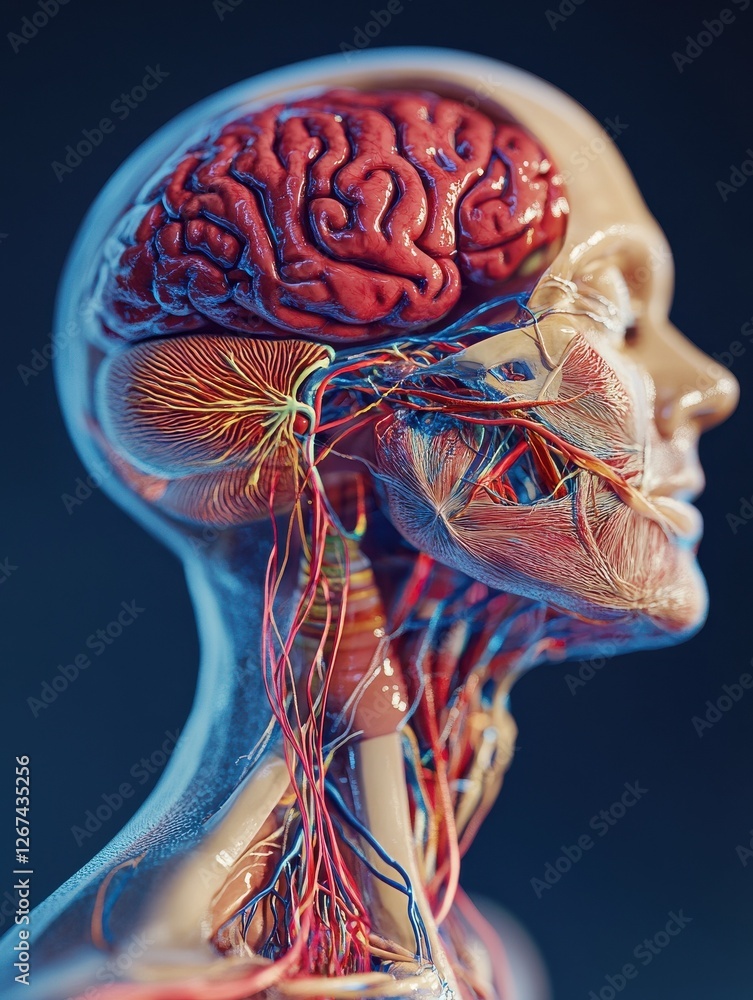 This is a 3D illustration showing the brain and the active vagus nerve ...