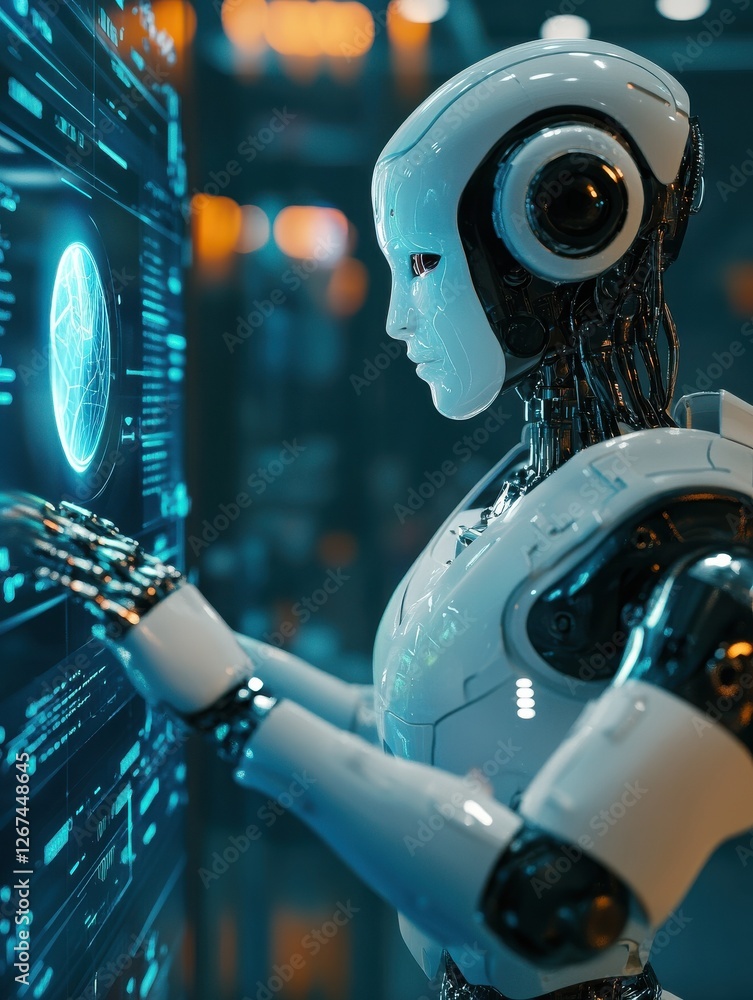 Design of a smart humanoid robot with artificial intelligence touching a hologram digital ...