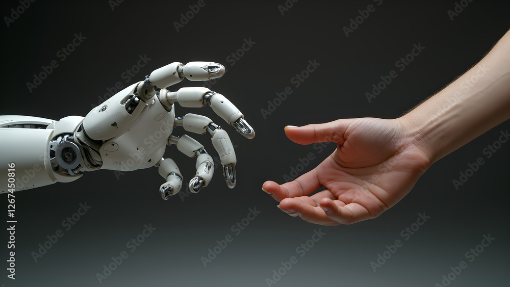 Robotic hand vs human hand. Reaching out to grasp an object. Ultra ...