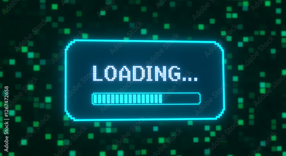 Retro Loading: Pixel Art Progress Bar on Digital Green Grid. Futuristic ...