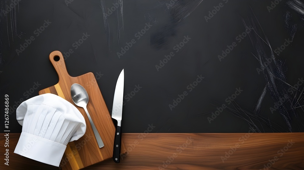 dark background with chef hat spoon and knife on cutting board for use ...
