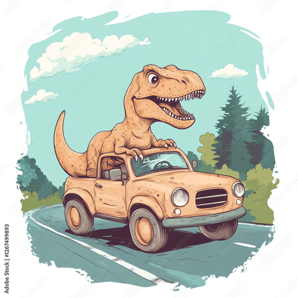Tyrannosaurus Rex road trip happy adventure cute dino driving vintage ...