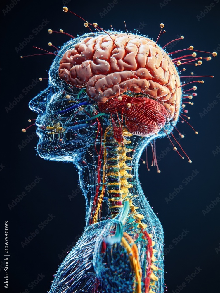 3D Anatomy of the Central Nervous System (CNS), Human Brain Organ, Spinal Cord Nerve Energy ...