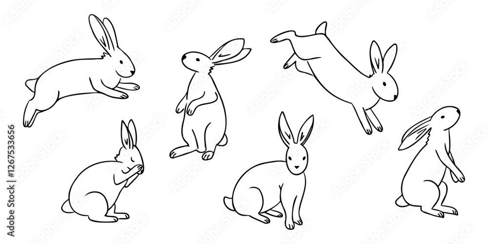 Set of hand drawn rabbit doodles in different poses, featuring simple ...