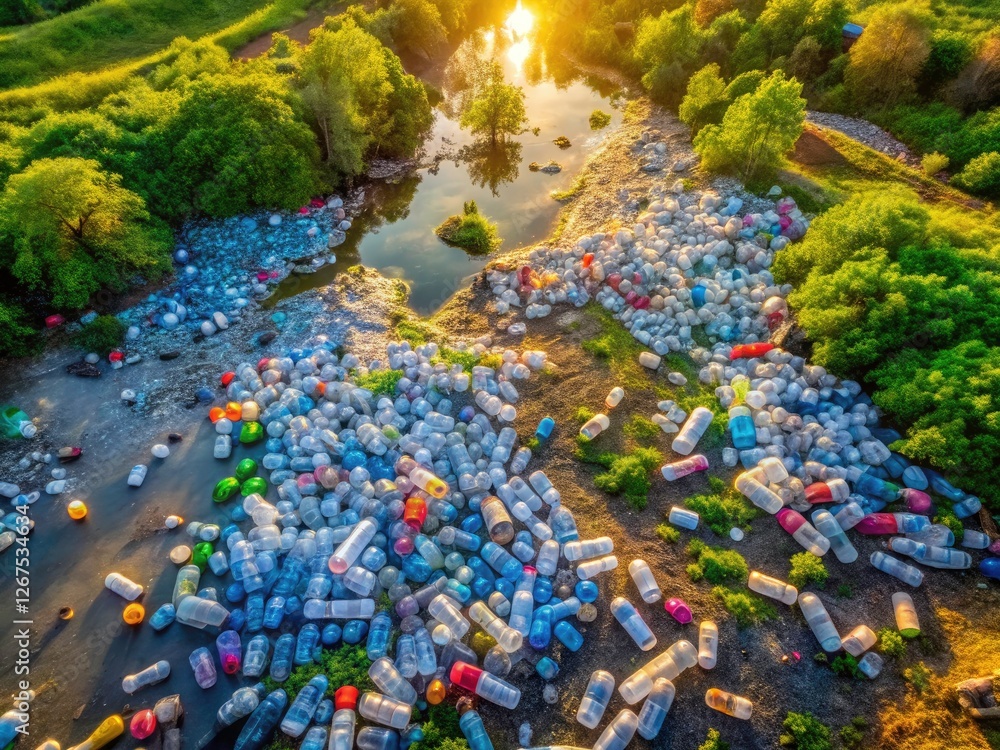 Plastic bottle waste engulfs the ocean; an aerial perspective exposes ...